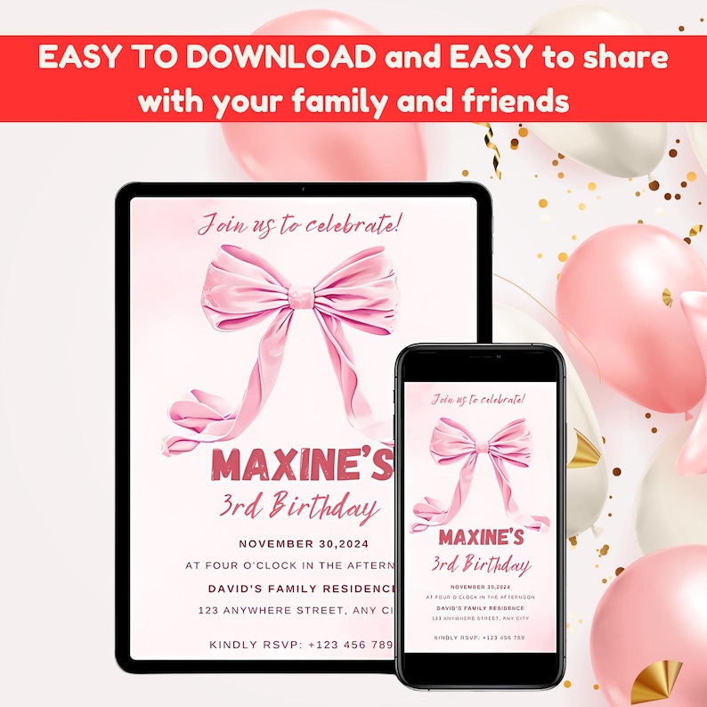Editable Pink Bow Birthday Invitation| Coquette Bow Birthday Invite ...