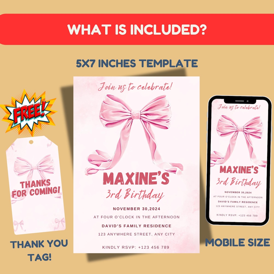 Editable Pink Bow Birthday Invitation| Coquette Bow Birthday Invite ...