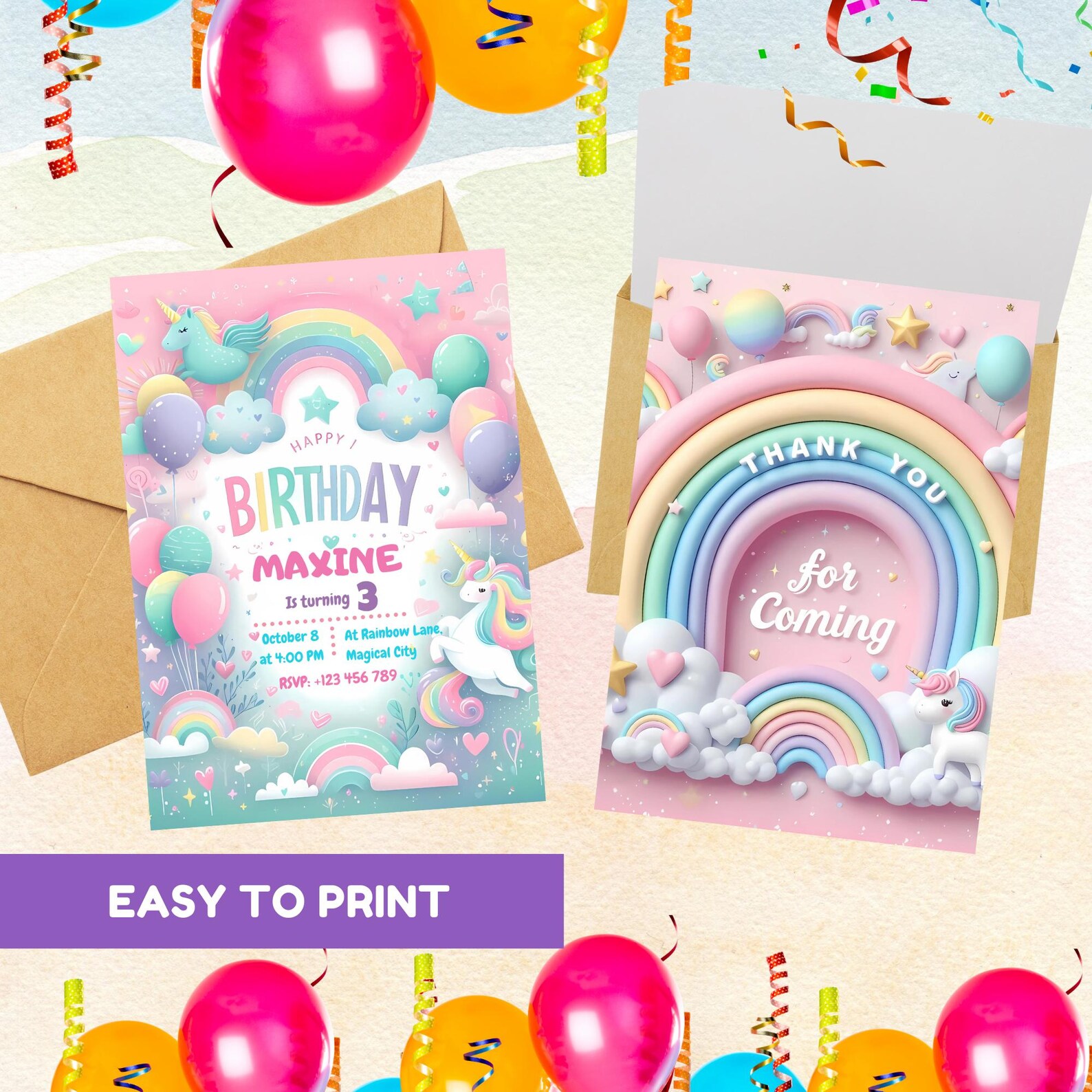 Editable Unicorn Rainbow Birthday Invitation Pastel Unicorn Birthday ...