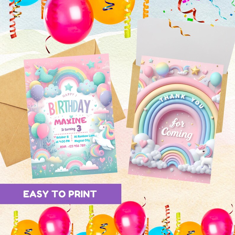 Editable Unicorn Rainbow Birthday Invitation Pastel Unicorn Birthday ...