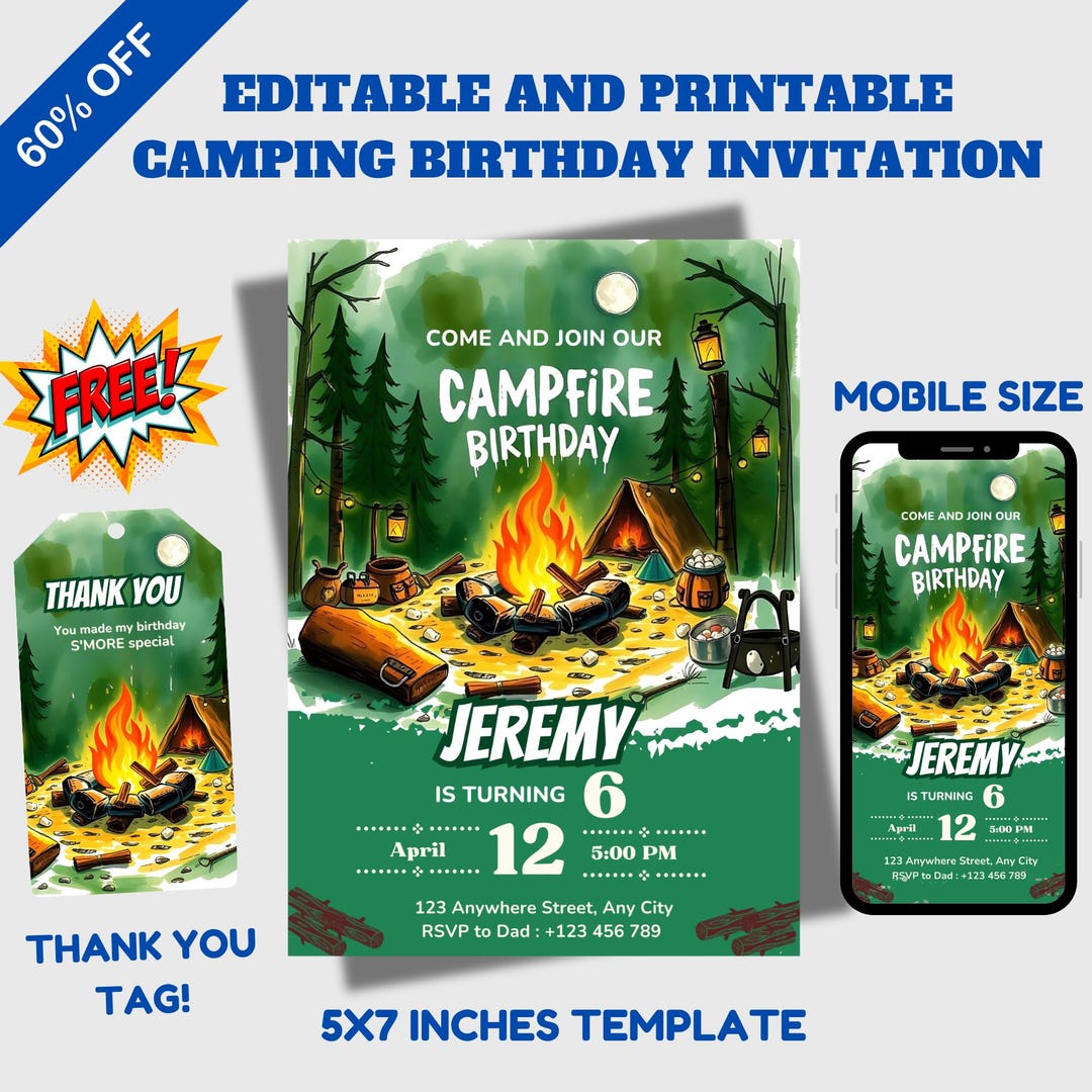 Camping Birthday Party Invitation Boys Camp Party Invitation Editable ...