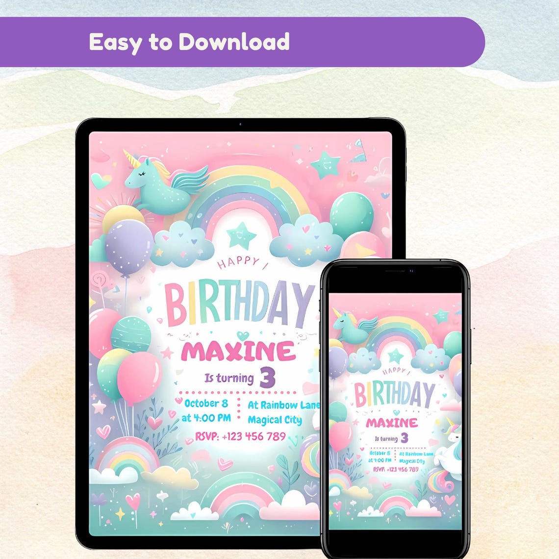 Editable Unicorn Rainbow Birthday Invitation Pastel Unicorn Birthday ...