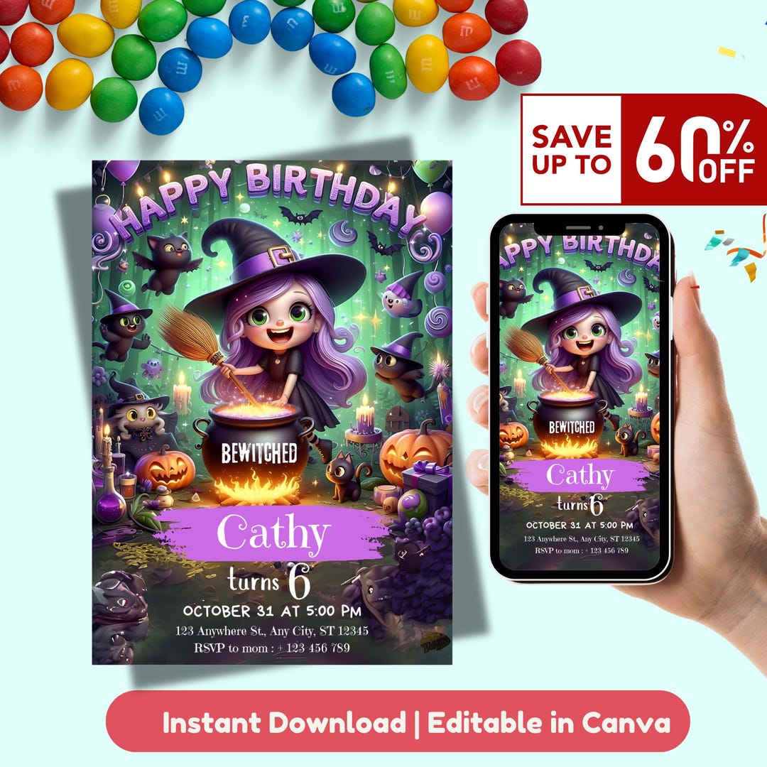 Editable Wicked Witch Birthday Invitations, Halloween Witch Invitation ...