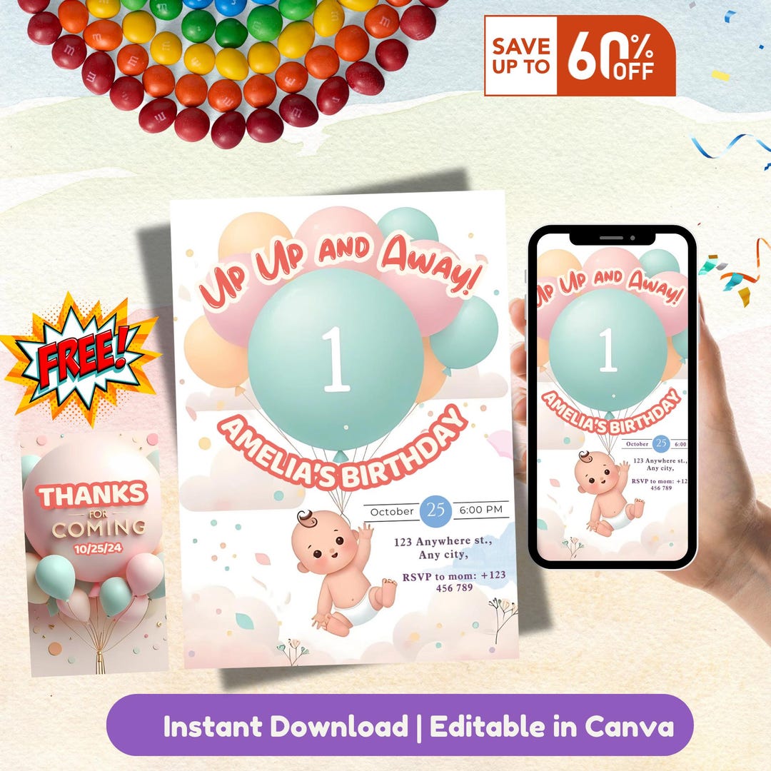 Editable Pastel Balloon Baby’s First Birthday Invitation Balloon-themed ...
