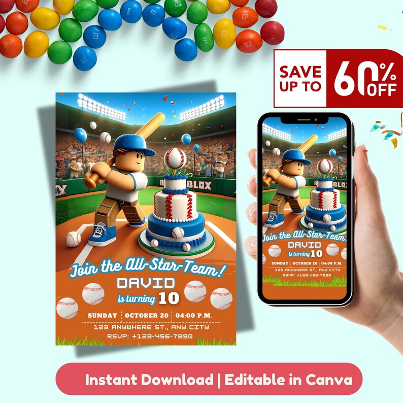 Roblox Baseball Birthday Invitation Boy Roblox Birthday Invitations ...