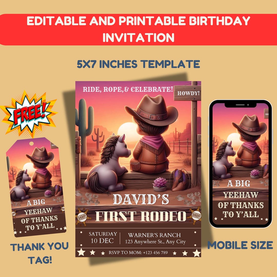 Editable First Rodeo Birthday Invitation for Boy| First Rodeo Cowboy ...