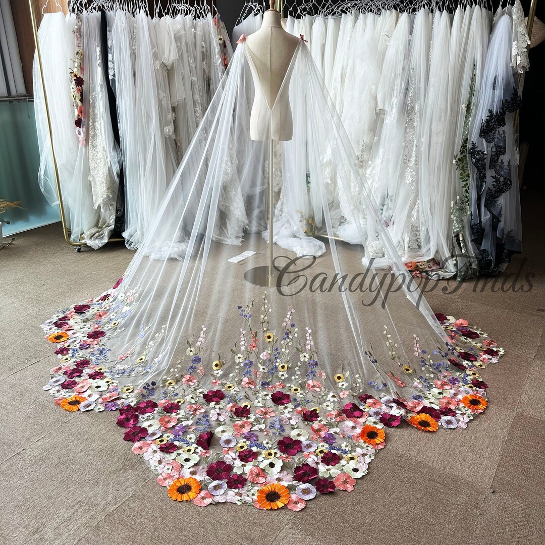 250CM Chapel Length Secret Garden Flower Wedding Veil Embroidered ...