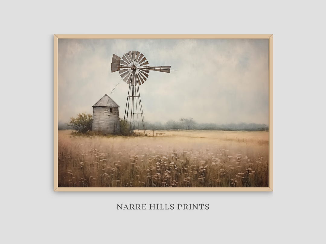 Vintage Windmill Painting | Rustic Spring Field Art | Wildflowers and ...