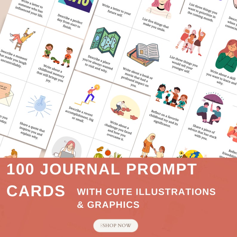 100 Journal Prompt Cards, Printable Journaling Cards, Self-development ...