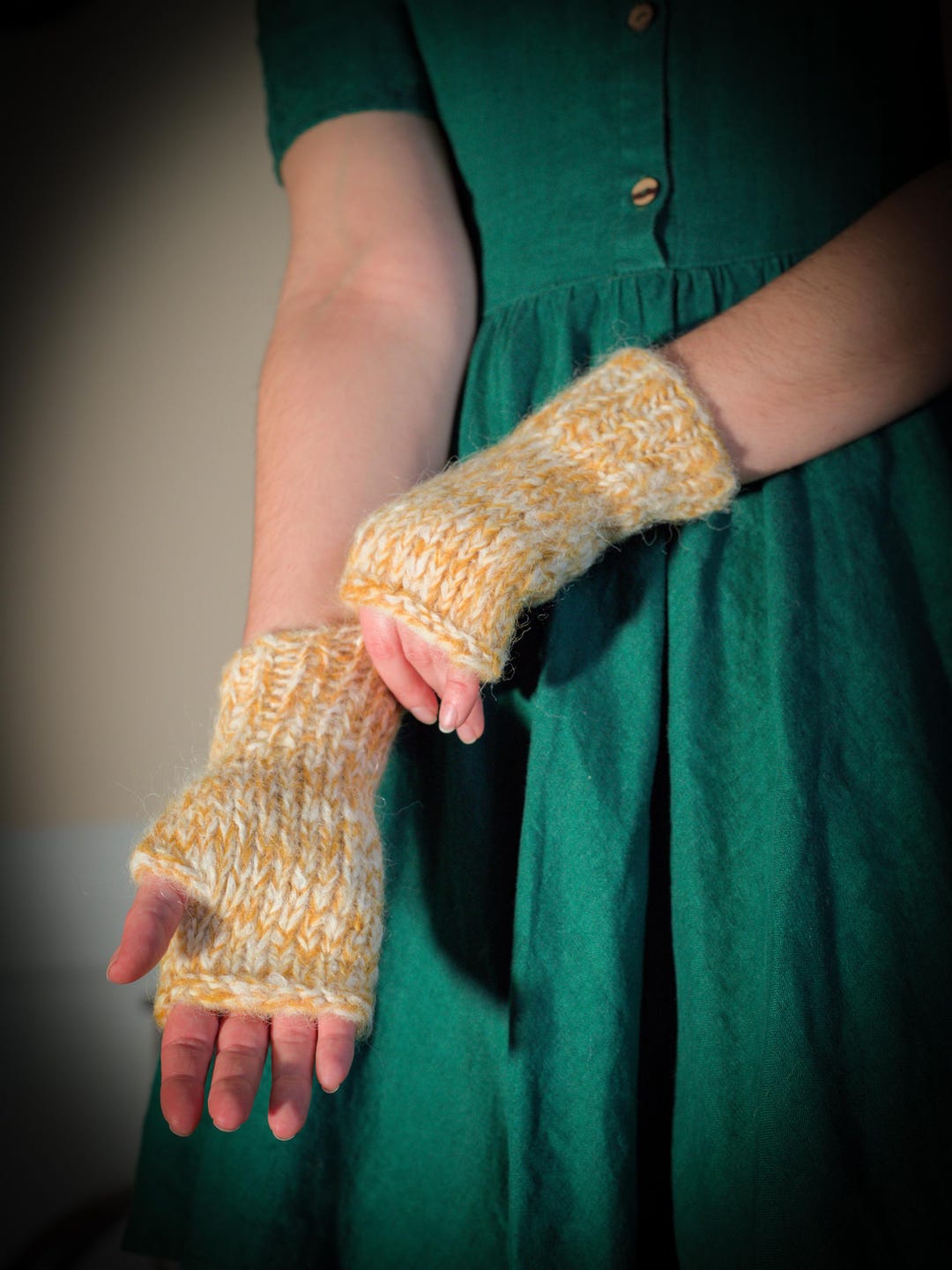 Hand-knitted Yellow and Beige Mittens in Alpaca Wool, Silk, and Merino ...
