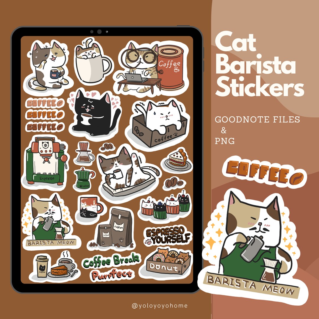 Cat Barista Digital Stickers Coffee Goodnotes PNG Stickers Cute Cats ...