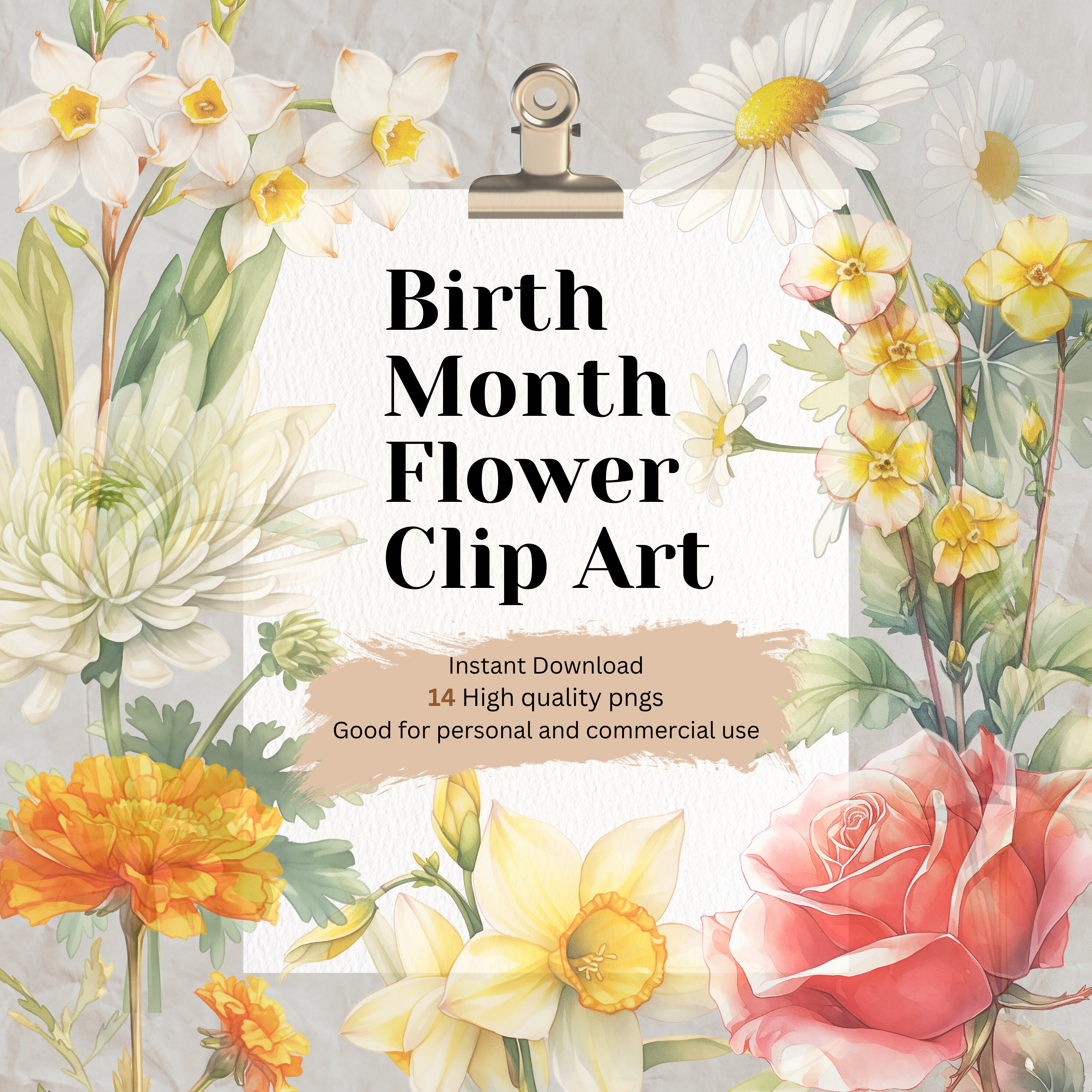 Birth Flowers Clipart Bundle, Birth Month Flower PNG, Watercolor ...