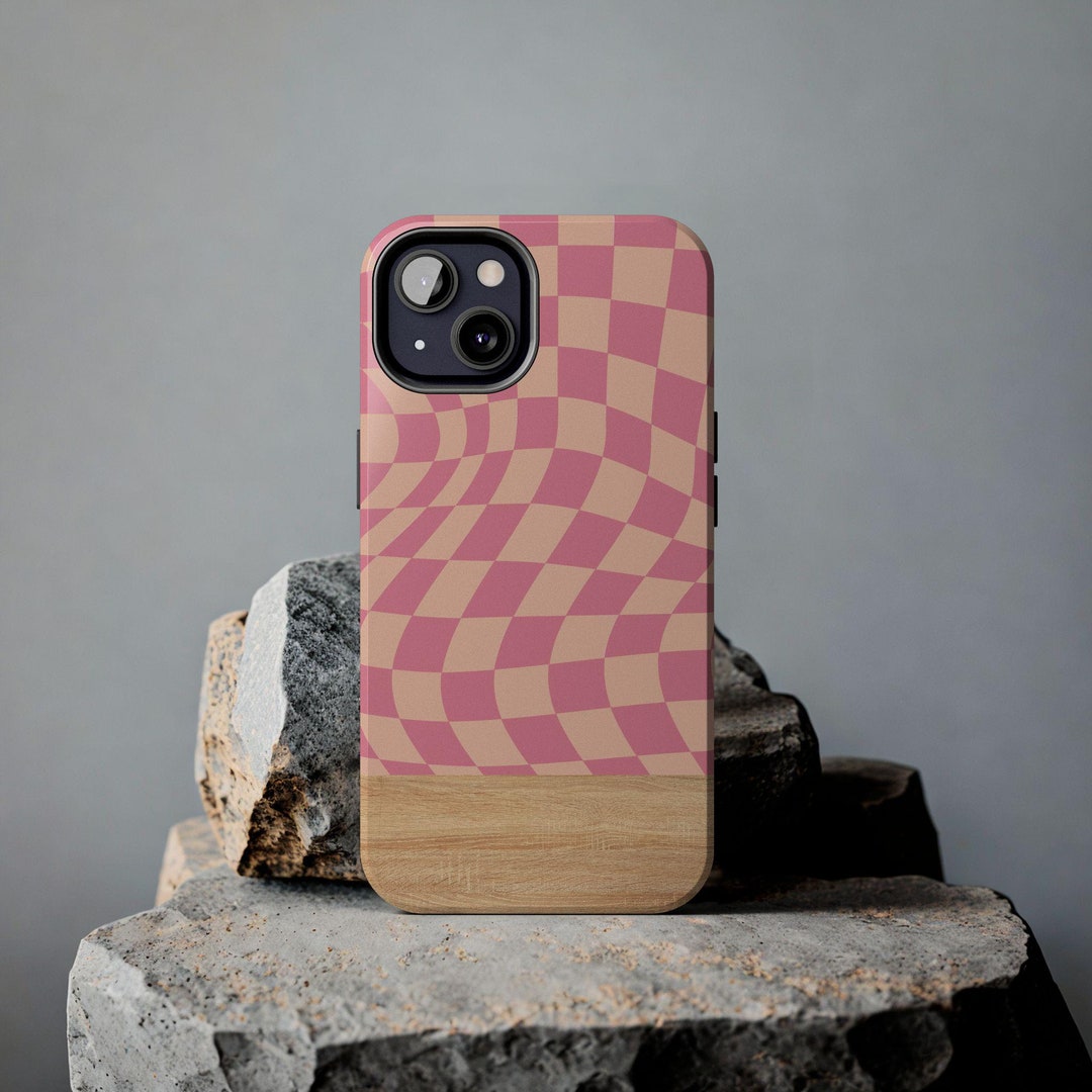 Retro Y2K Pink Checkerboard-print Tough Phone Case, Wavy Checkerboard ...
