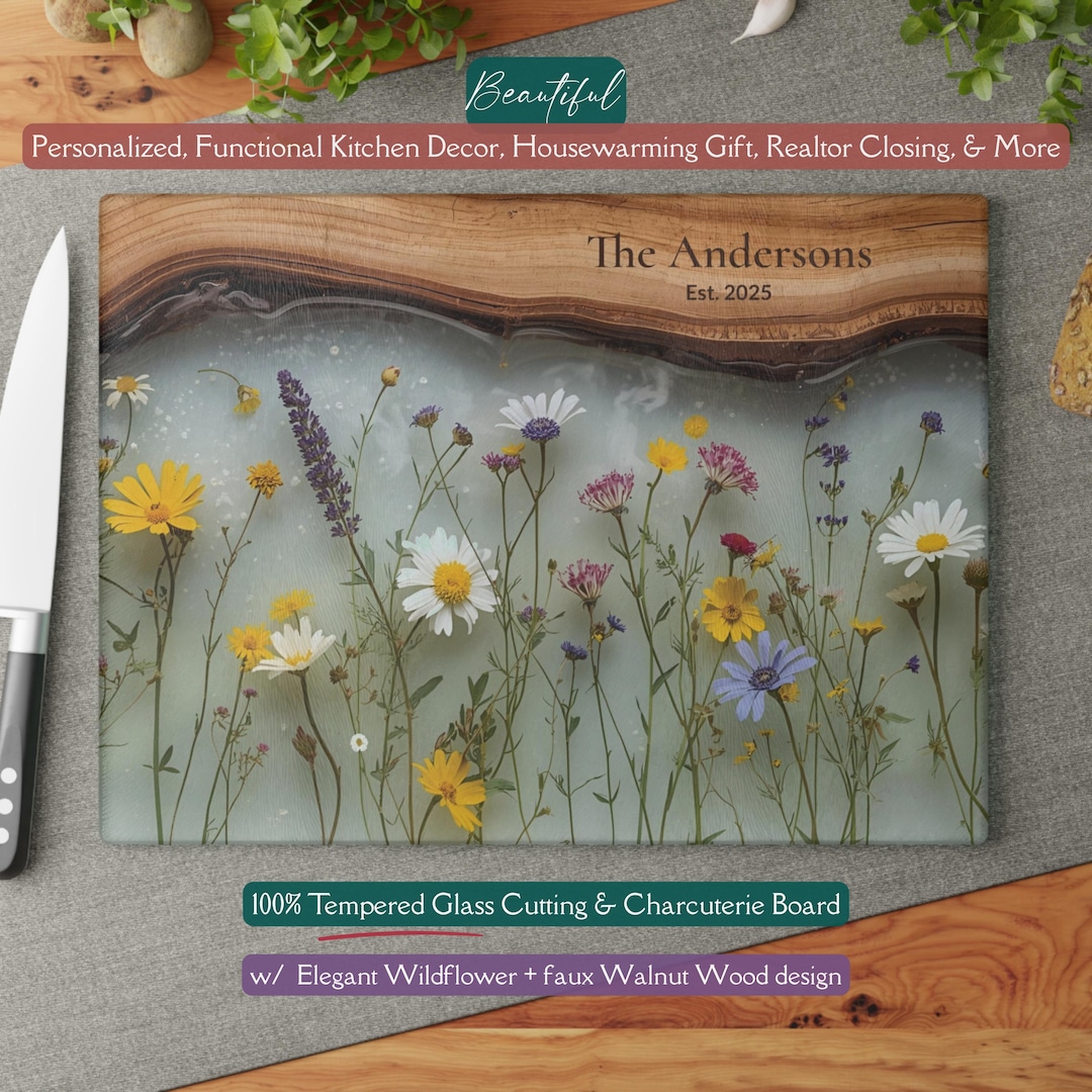 Personalized Wildflower Resin Art *glass* Cutting & Serving Board ...