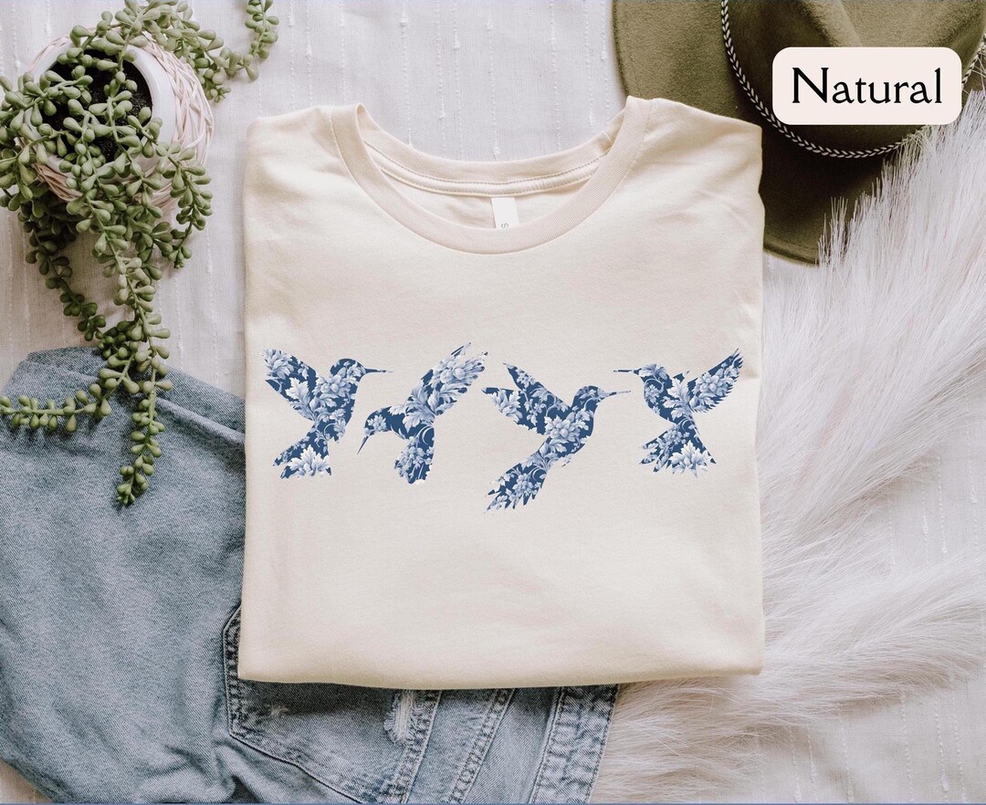 Delft Blue-toile Print Hummingbird Shirt, Floral Toile Hummingbird T ...