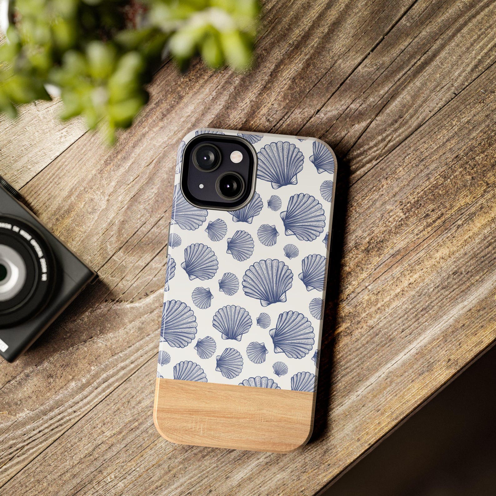 Chic Blue Seashells Print With Wood-look Trim Tough Phone Case Summer ...