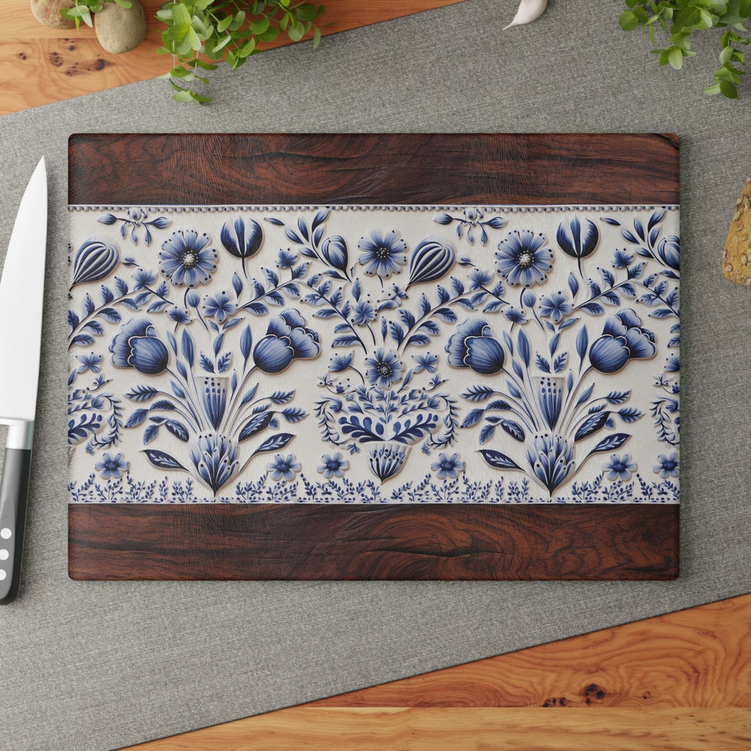 Beautiful Cutting & Serving Board, Delft Blue With Wood Trim Design ...