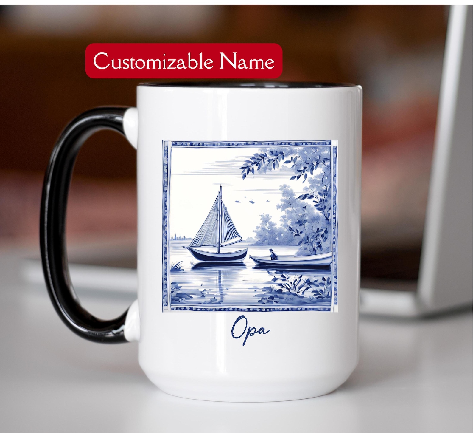 Custom Opa Mug, Grandpa Gift Delft Blue Style Sailing Mug for Dad ...