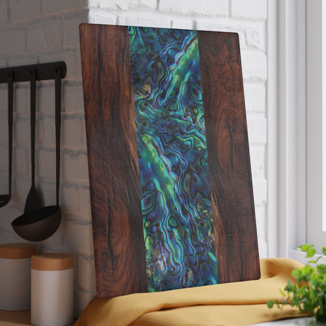 Abalone Wood-design Glass Cutting Board, Ocean Teal Faux Abalone Design ...