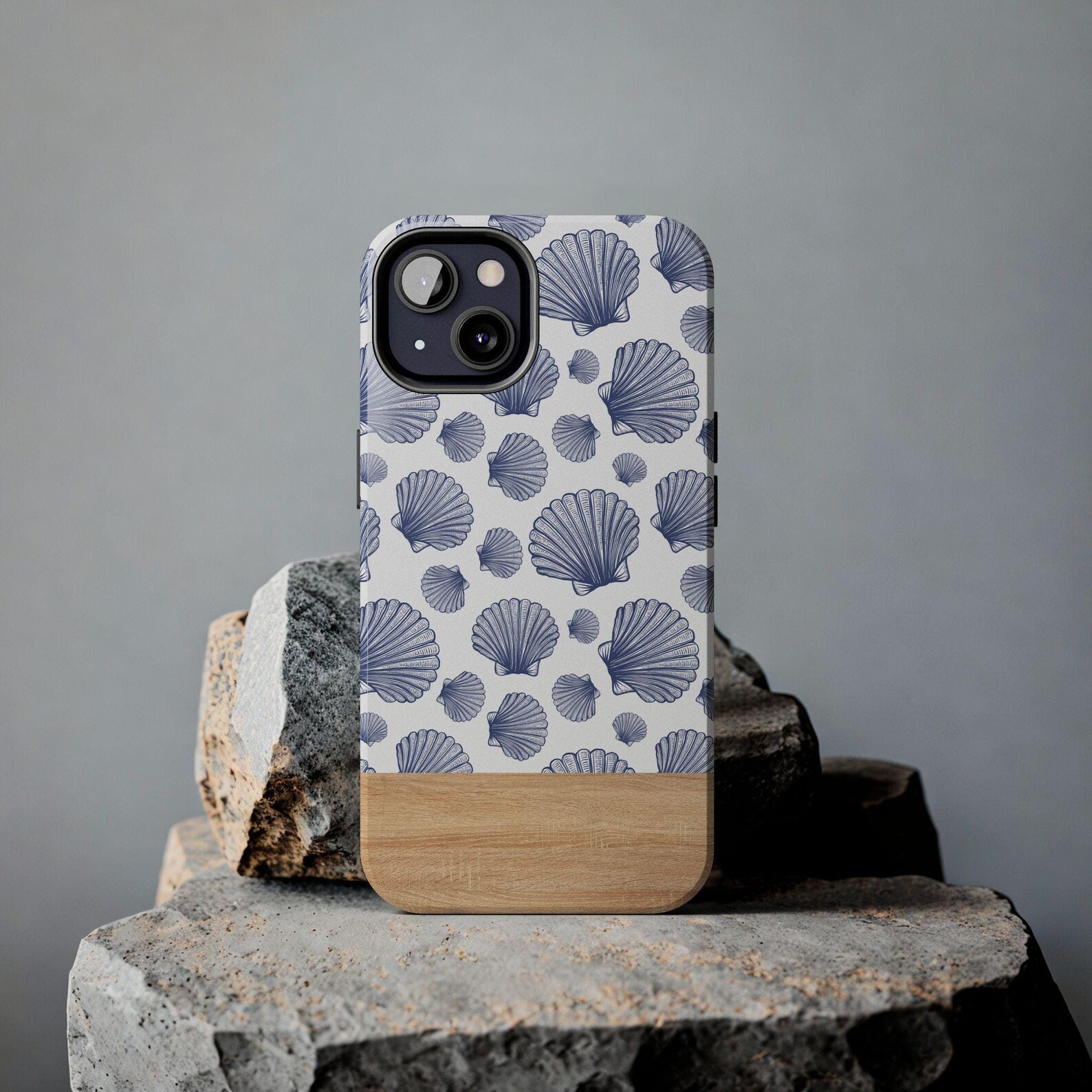 Chic Blue Seashells Print With Wood-look Trim Tough Phone Case Summer ...