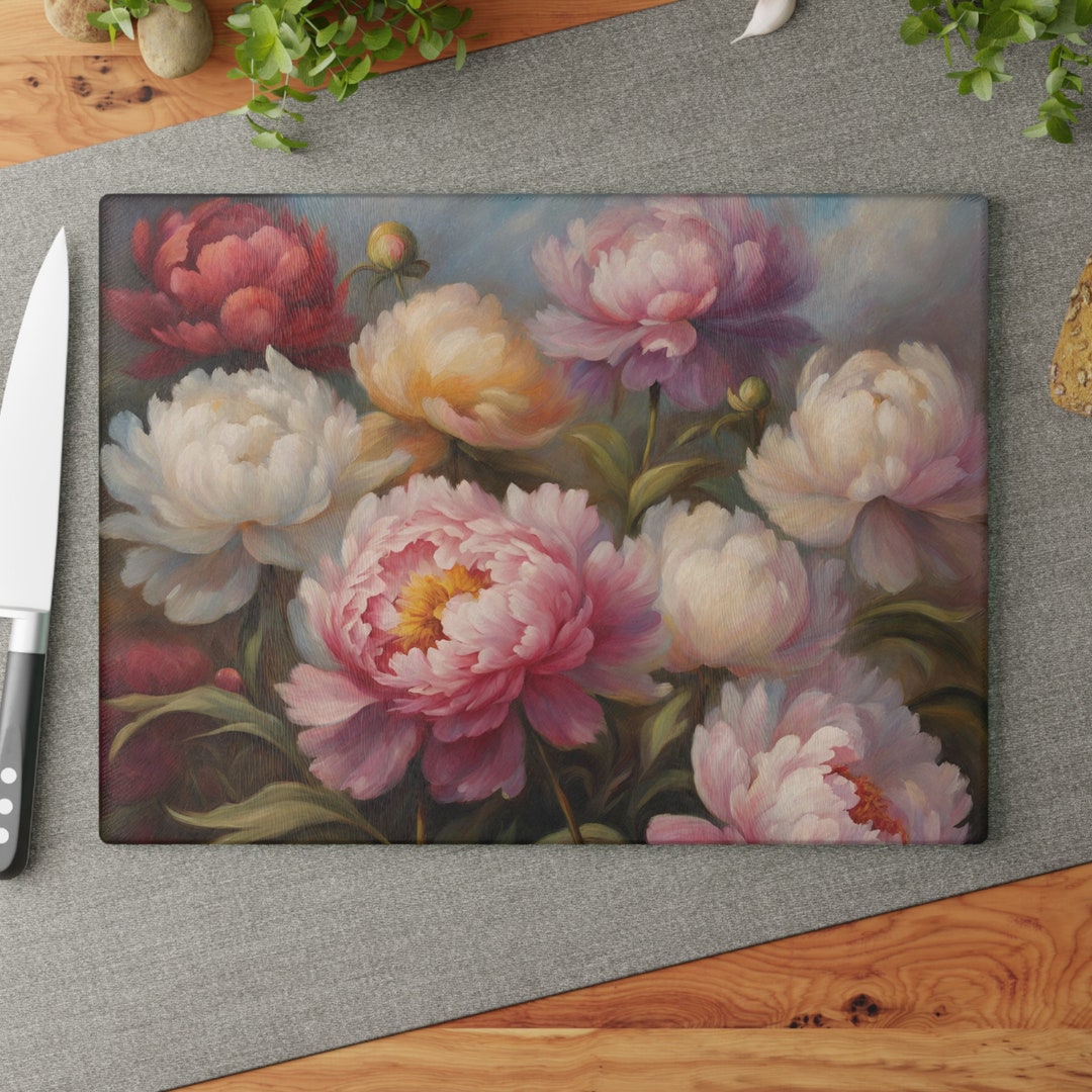 Beautiful Painted Peonies Glass Cutting Serving Board Mothers Day