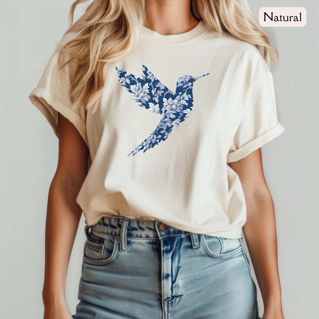 Delft Blue Toile-print Hummingbird Shirt, Floral Hummingbird T-shirt ...