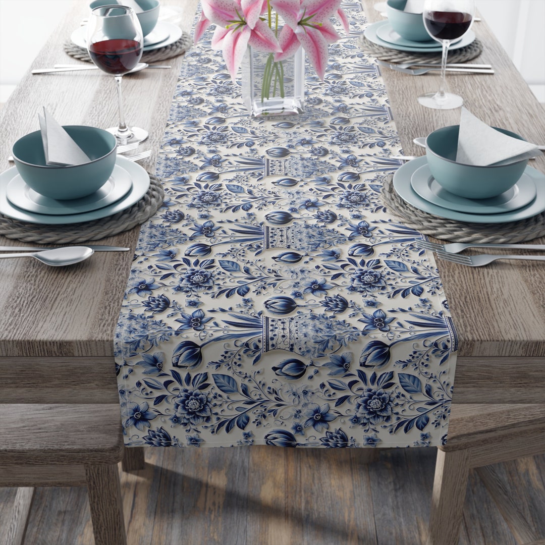 Beautiful Delft Blue Design Table Runner Vintage Table Runner Botanical Table Runner Tulip ...