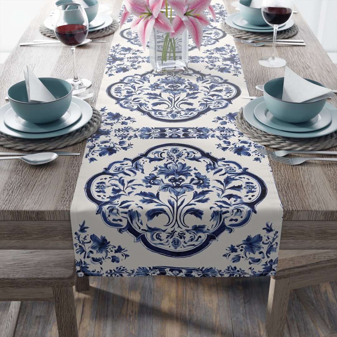 Beautiful Delft Blue Floral Design Table Runner Vintage Table Runner Botanical Table Runner ...