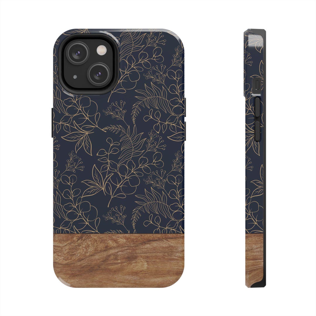 Elegant Eucalyptus Phone Case, Navy & Gold Eucalyptus Print Tough Phone ...