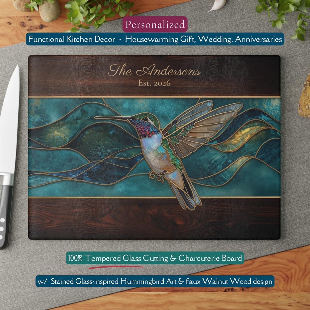 Personalized Stained Glass Hummingbird Cutting Board, Family Name ...