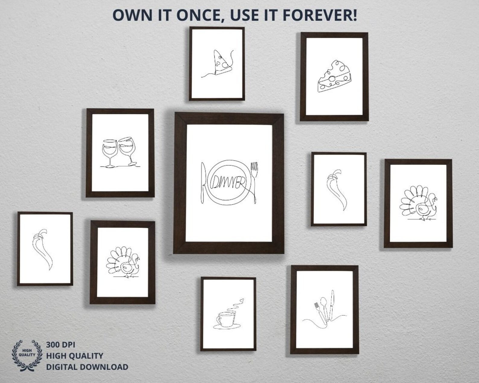 Kitchen Wall Art Set of 6, Line Drawing Kitchen Prints, Housewarming ...