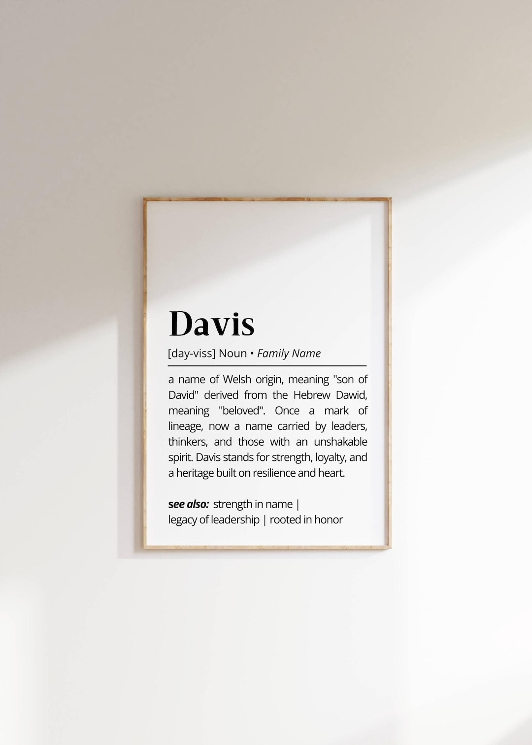 Davis Family Name Meaning Print: Heritage Surname Definition (digital ...