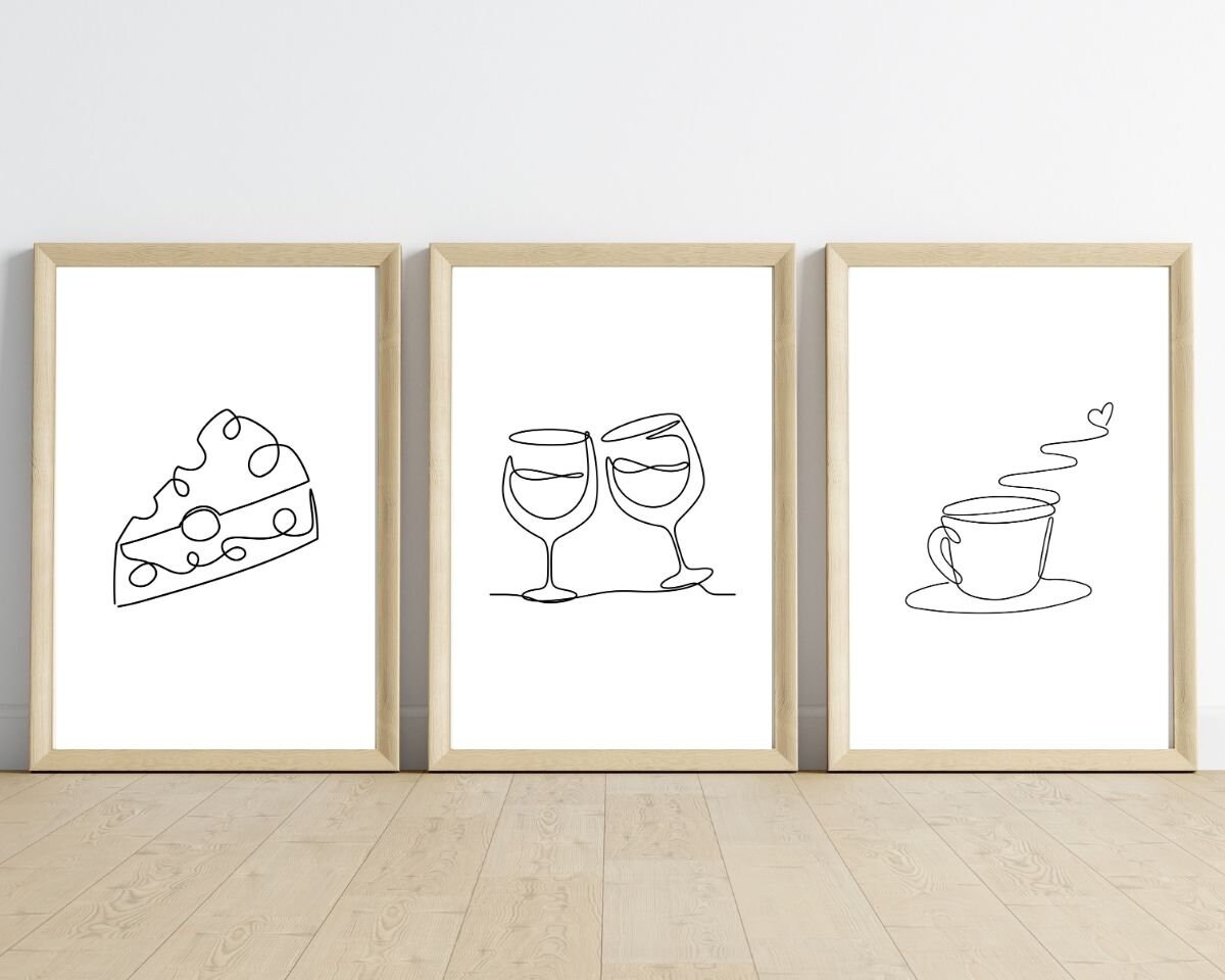 Kitchen Wall Art Set of 6, Line Drawing Kitchen Prints, Housewarming ...