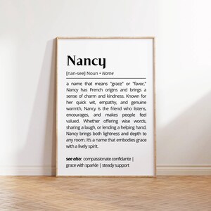 Nancy Name Definition Wall Art Personalized Inspirational Print French ...