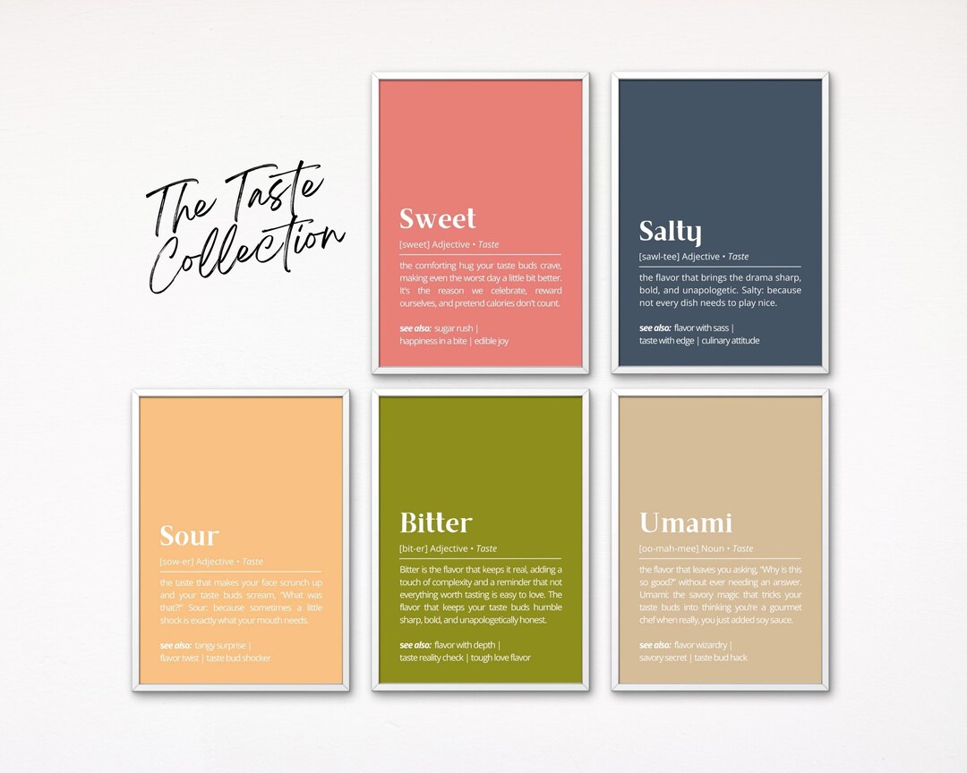 Set of 5 Taste Definition Prints Kitchen Wall Art Minimalist Food Decor ...