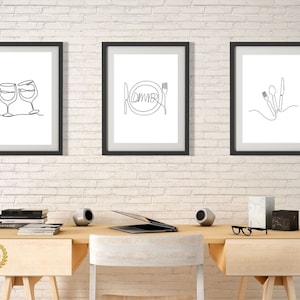 Kitchen Wall Art Set of 6, Line Drawing Kitchen Prints, Housewarming ...