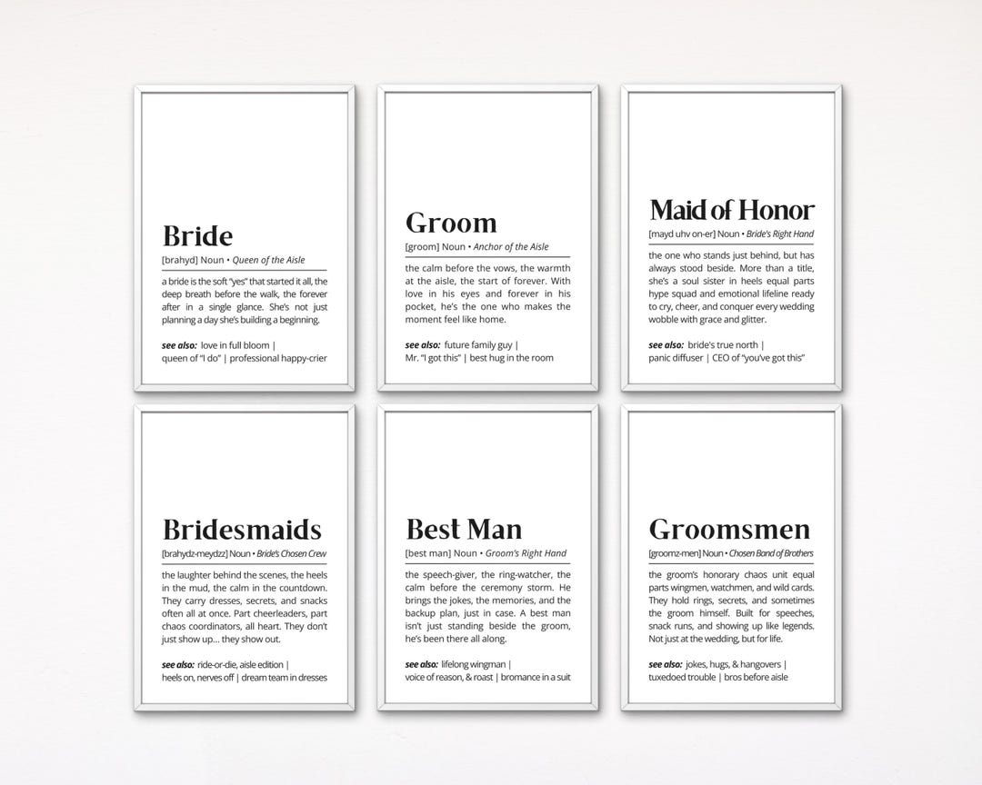 Wedding Party Definition Printable Set Bride Groom Bridesmaids Best Man ...