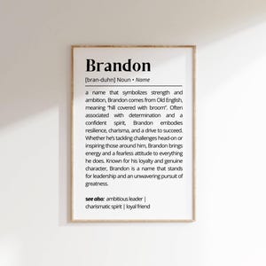 Brandon Name Definition Wall Art Printable Personalized Minimalist ...