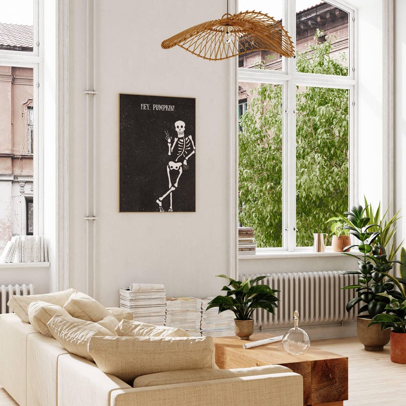 Hey Pumpkin Halloween Skeleton Poster Funny Halloween Wall Art Cute ...