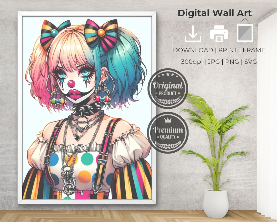 Clowncore Printable Wall Art, Manga Clown, Vibrant Art, Circus Style ...