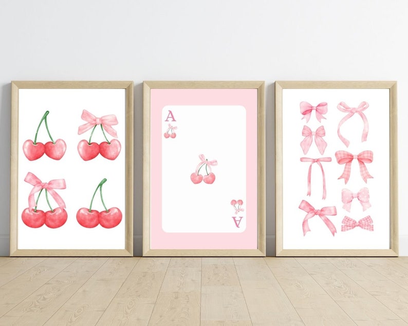Trendy Pink Bows Wall Art Set of 6, College Apartment Decor, Watercolor ...