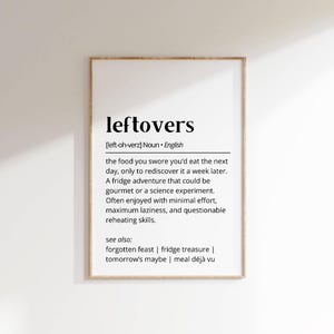 Leftovers Definition Funny Kitchen Wall Art Quirky Fridge Decor ...
