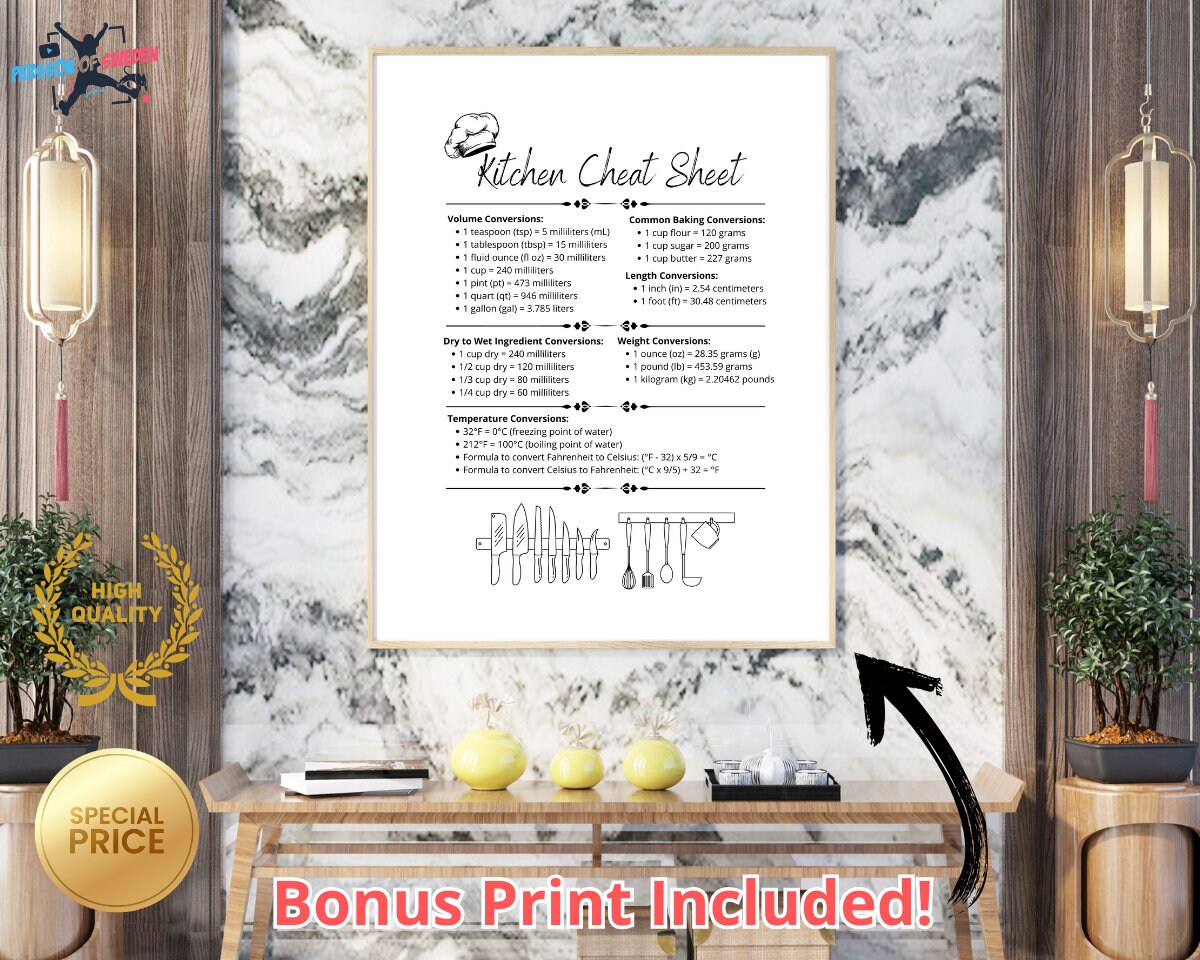 Kitchen Cheat Sheet Poster, Wall Art, Kitchen Gallery Wall, Modern ...