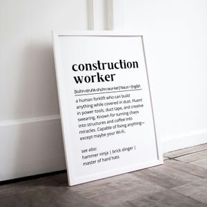 Construction Worker Definition Poster Builder Wall Art Gift for ...