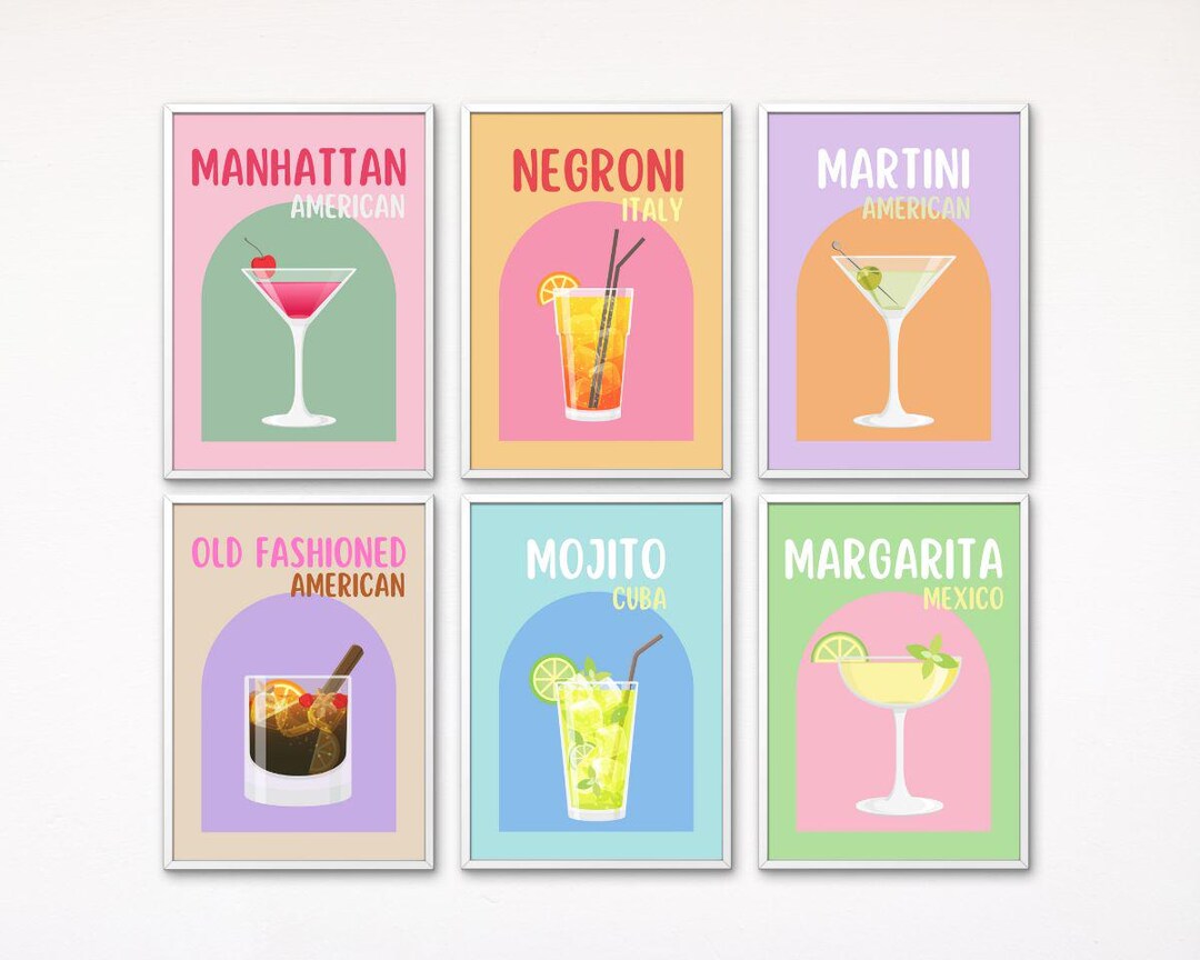 Cocktail Poster Set of 6 Digital Bar Cart Art Vibrant Drink Prints ...