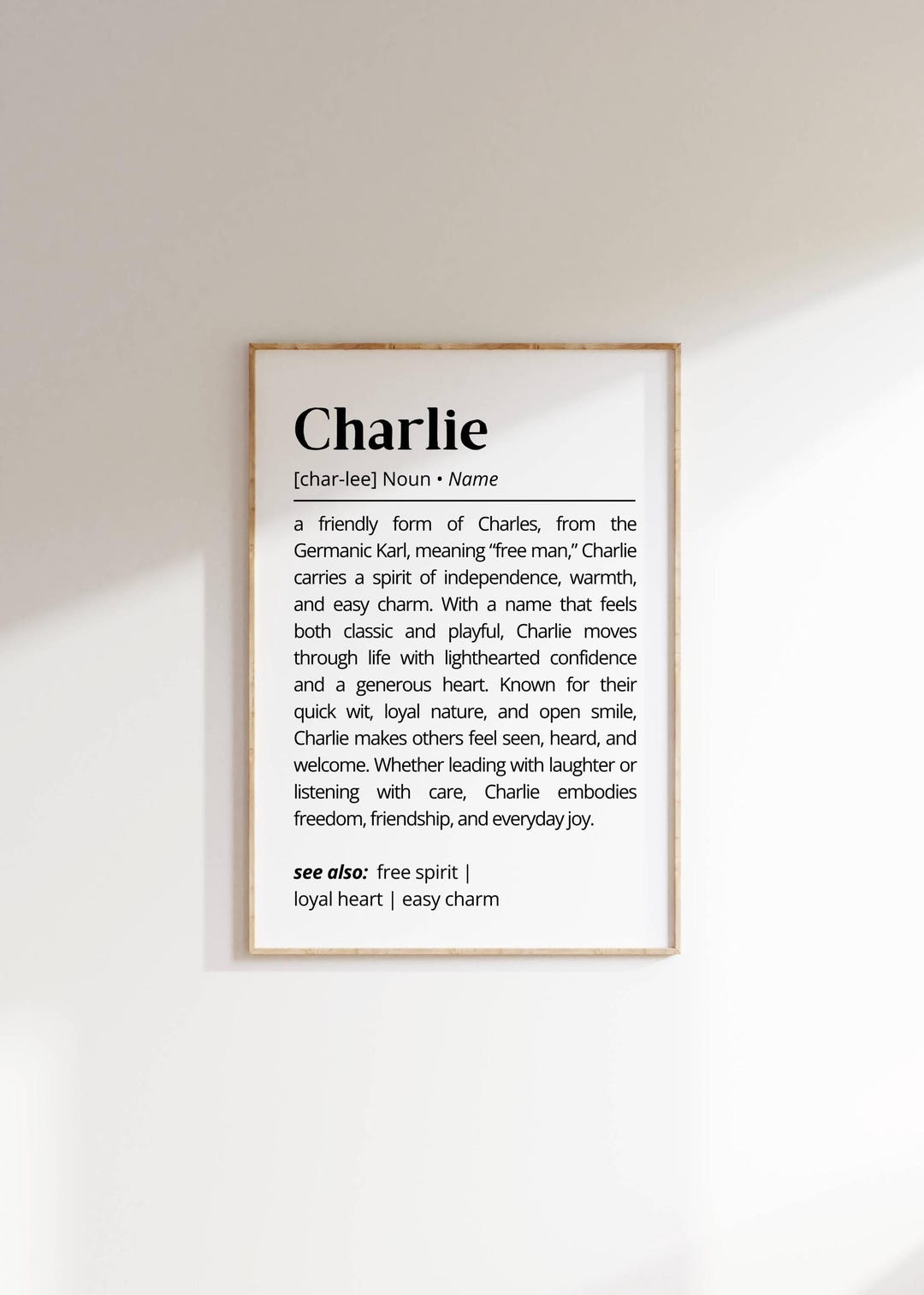 Charlie Name Definition Wall Art Personalized Name Meaning Gift for Him ...