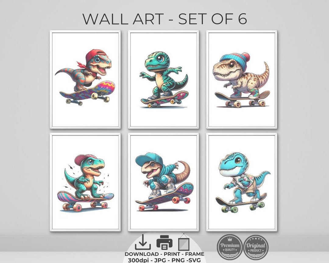 Dinosaur Riding Skateboard Posters Bundle of 6, Dinosaur Wall Art, Trex ...