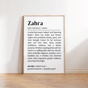 Zahra Name Definition Wall Art Personalized Name Meaning Gift ...
