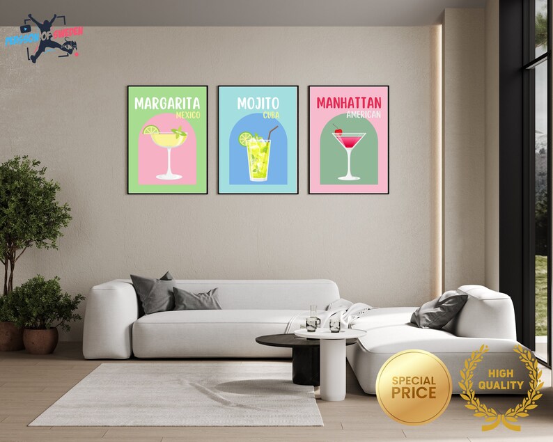 Cocktail Poster Set of 6, Digital Bar Cart Art, Vibrant Drink Prints ...