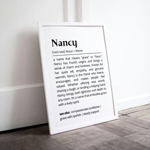 Nancy Name Definition Wall Art Personalized Inspirational Print French ...